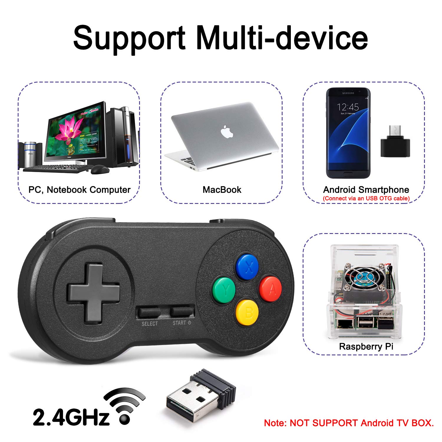 miadore 2 Pack Wireless Controller for SNES Games, Rechargeable USB SNES Controller for Switch Windows PC MAC Linux Raspberry Pi Retropie Emulator (Black)
