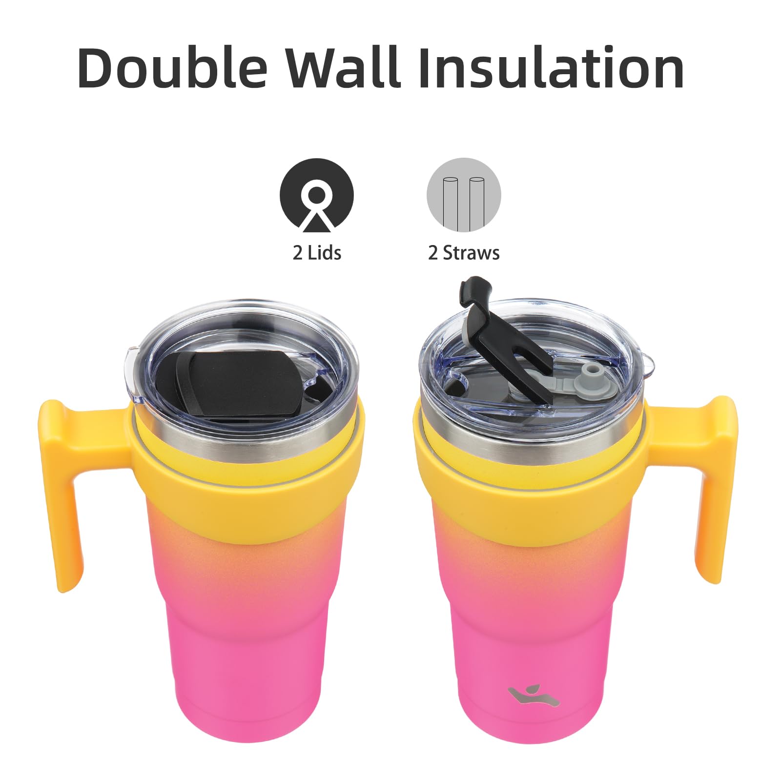 Konokyo 20oz Tumbler with Handle and 2 Straw 2 Lid, Insulated Water Bottle Stainless Steel Vacuum Cup Reusable Travel Mug,Rainbow