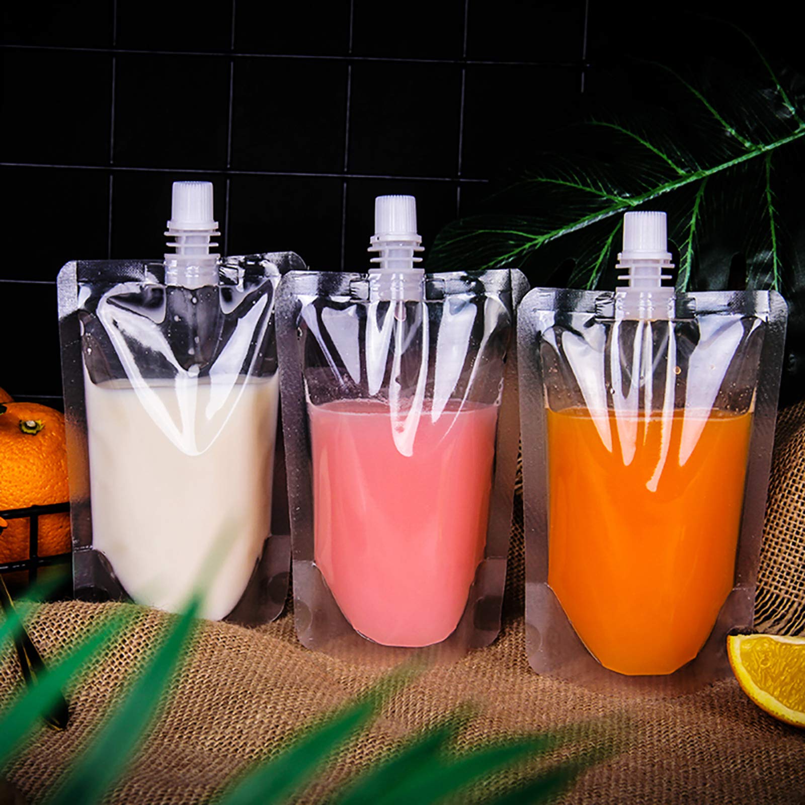 RONRONS 50 Pieces 200ml/6.76oz Plastic Flasks Liquor Cruise Pouches Reusable Liquid Spout Bags Transparent Drinking Pouch Large Capacity Beauty Liquids Containers Concealable Sneak Alcohol Travel Bag