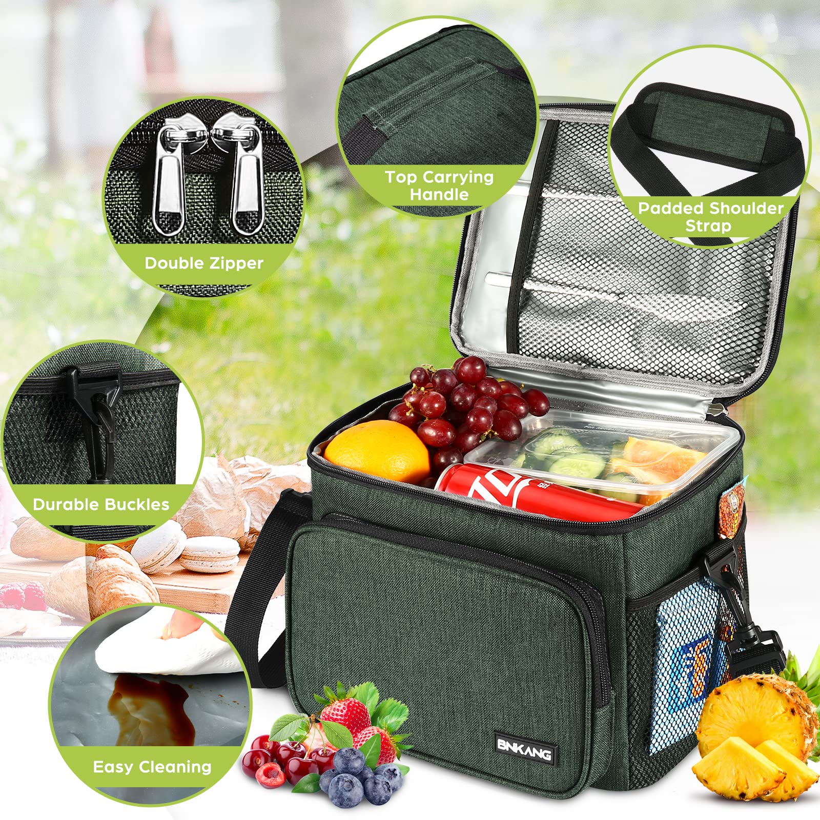 Insulated Lunch Bag Reusable Large Lunch Box for Men/Women, Leakproof Cooler Tote Portable Lunch Bag with Adjustable Shoulder Strap (Retro Green)