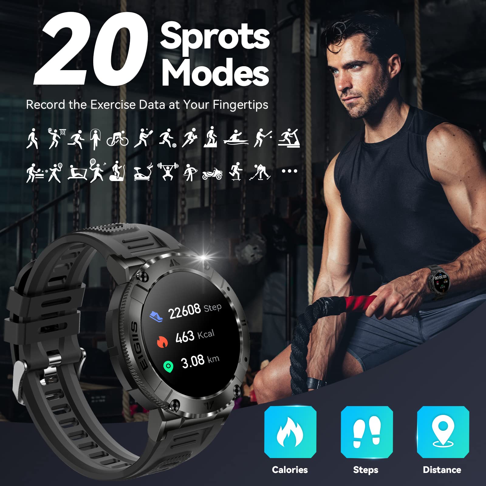 VALYV HD Smart Watch for Men(Answer/Dial Calls) Rugged Military Smartwatch Bluetooth Call Text for iPhone Android Waterproof Fitness Tracker with Pedometer Heart Rate/Sleep (Black)