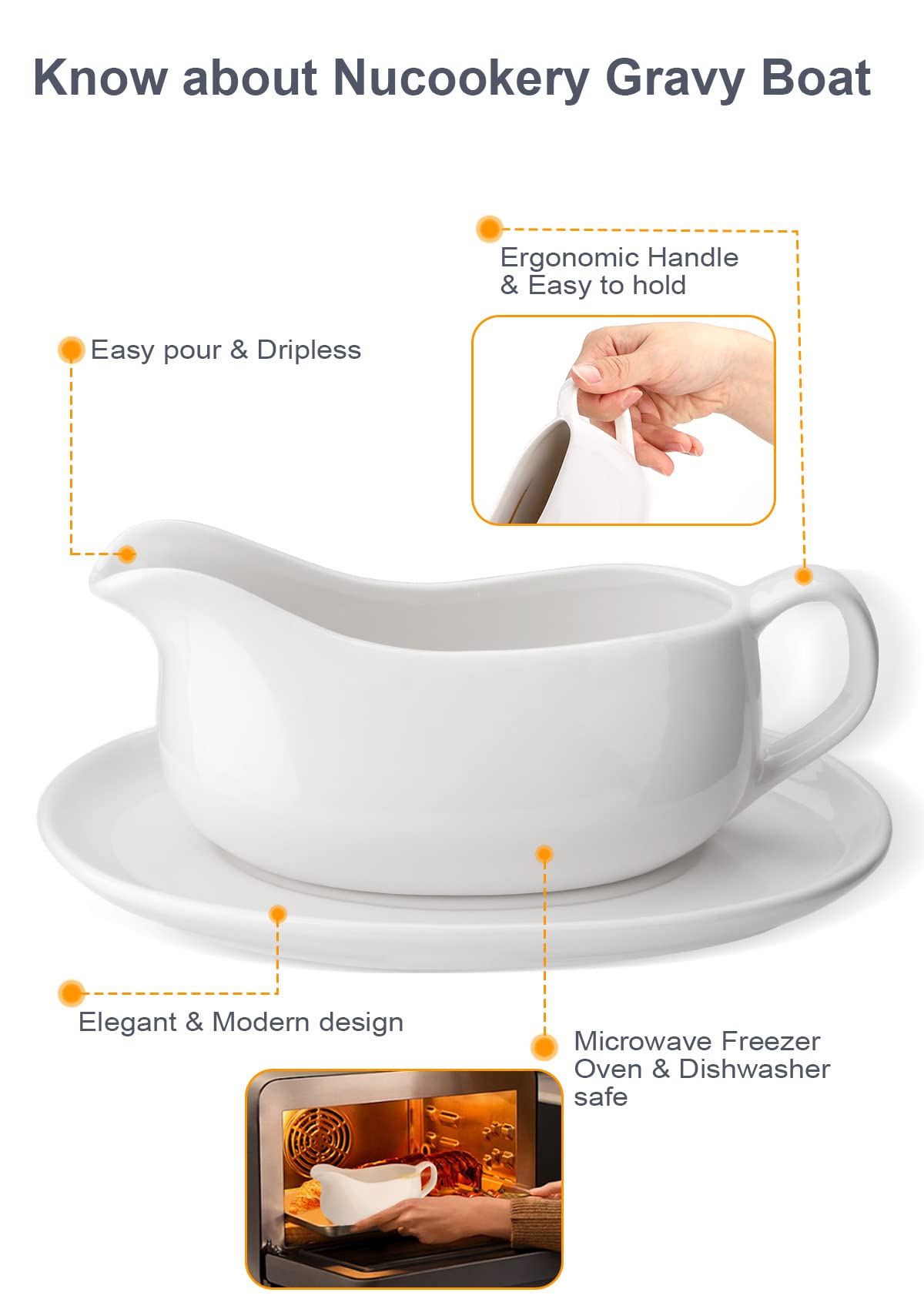 Nucookery Large 17 Oz Gravy Boat and Tray | Ergonomic Handle | White Fine Porcelain Saucier With Big Dripless Lip Spout For Gravy, Warming Sauces, Salad Dressings, Milk | Microwave & Freezer Safe