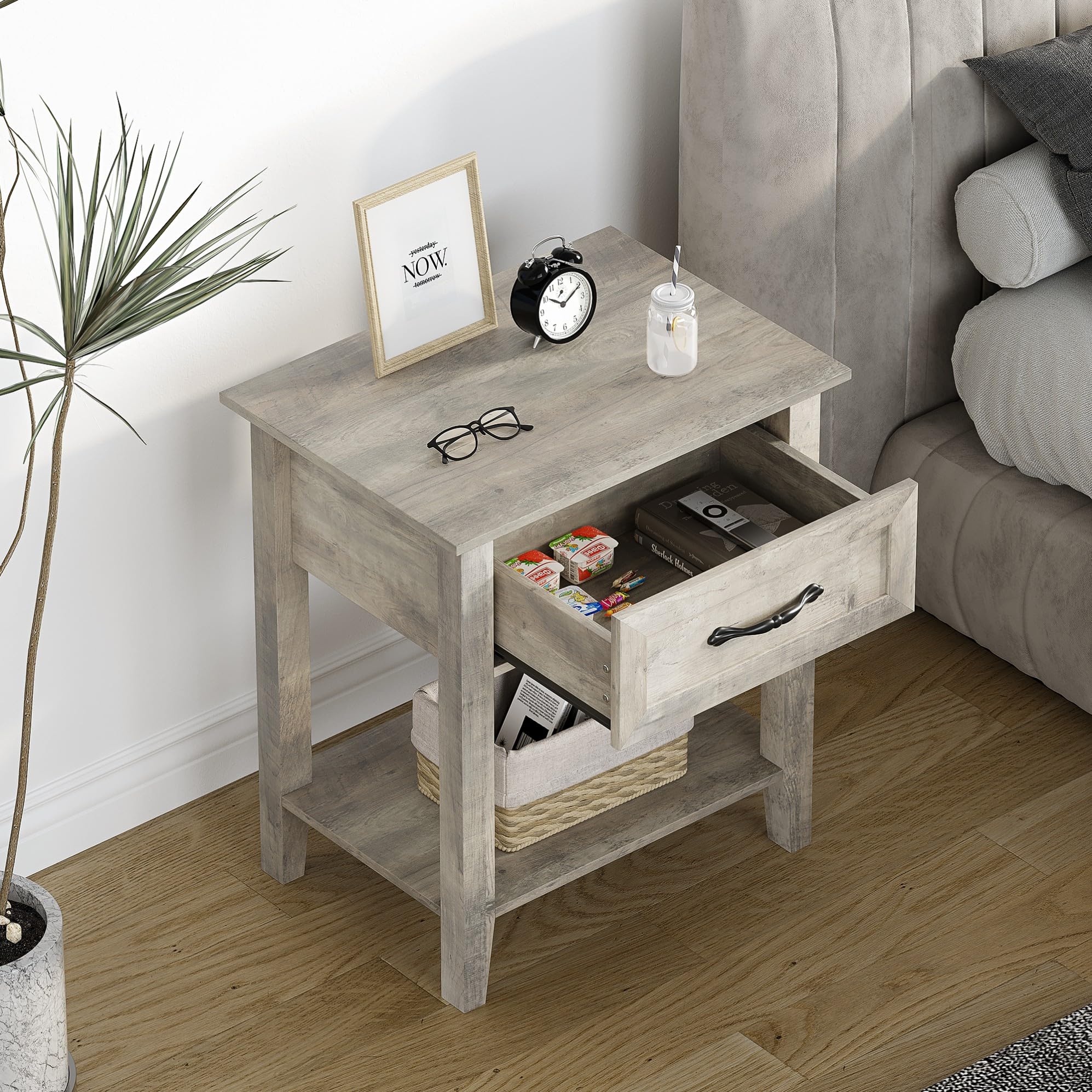 IDEALHOUSE Set of 2 Nightstands, End Side Tables Living Room with Drawer, Industrial Design, Night Stands with Shelf, Bedside Tables for Bedroom, Dorm (Grey(2 Pack))