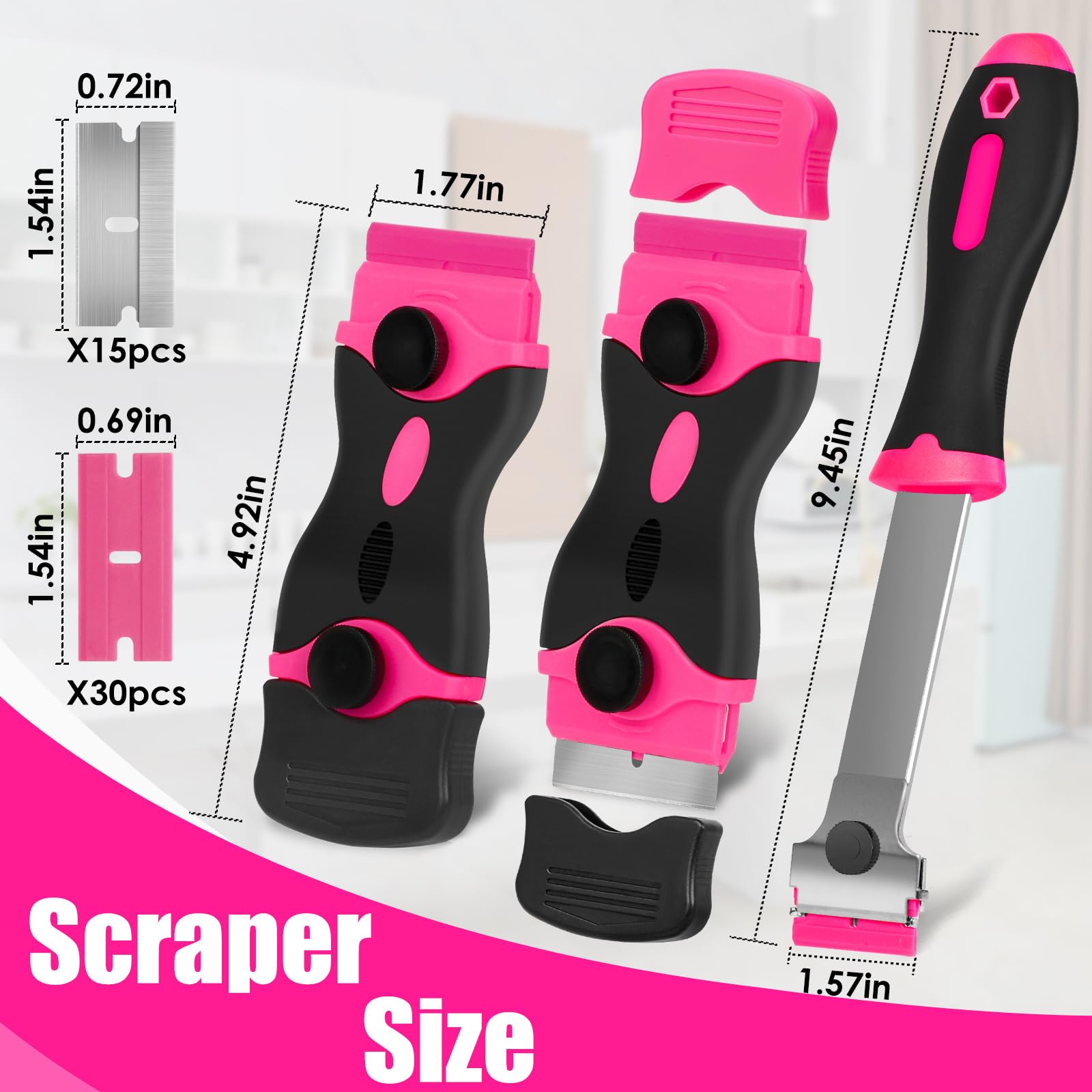 Razor Blade Scraper, THINKWORK 3Pcs Pink Razor Scrapers with 15pcs Metal and 30pcs Plastic Blades, Scraper Tool for Cleaning Paint, Decals, Adhesive, Caulk, Stickers, Glass, Labels, Window, Stovetop