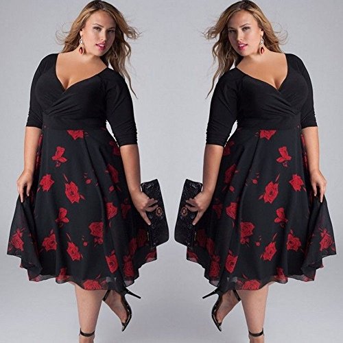 Pinkpaopao Deep V-Neck Plus Size Dress for Women Patchwork Half Sleeve Flower Mesh Swing Dress Red