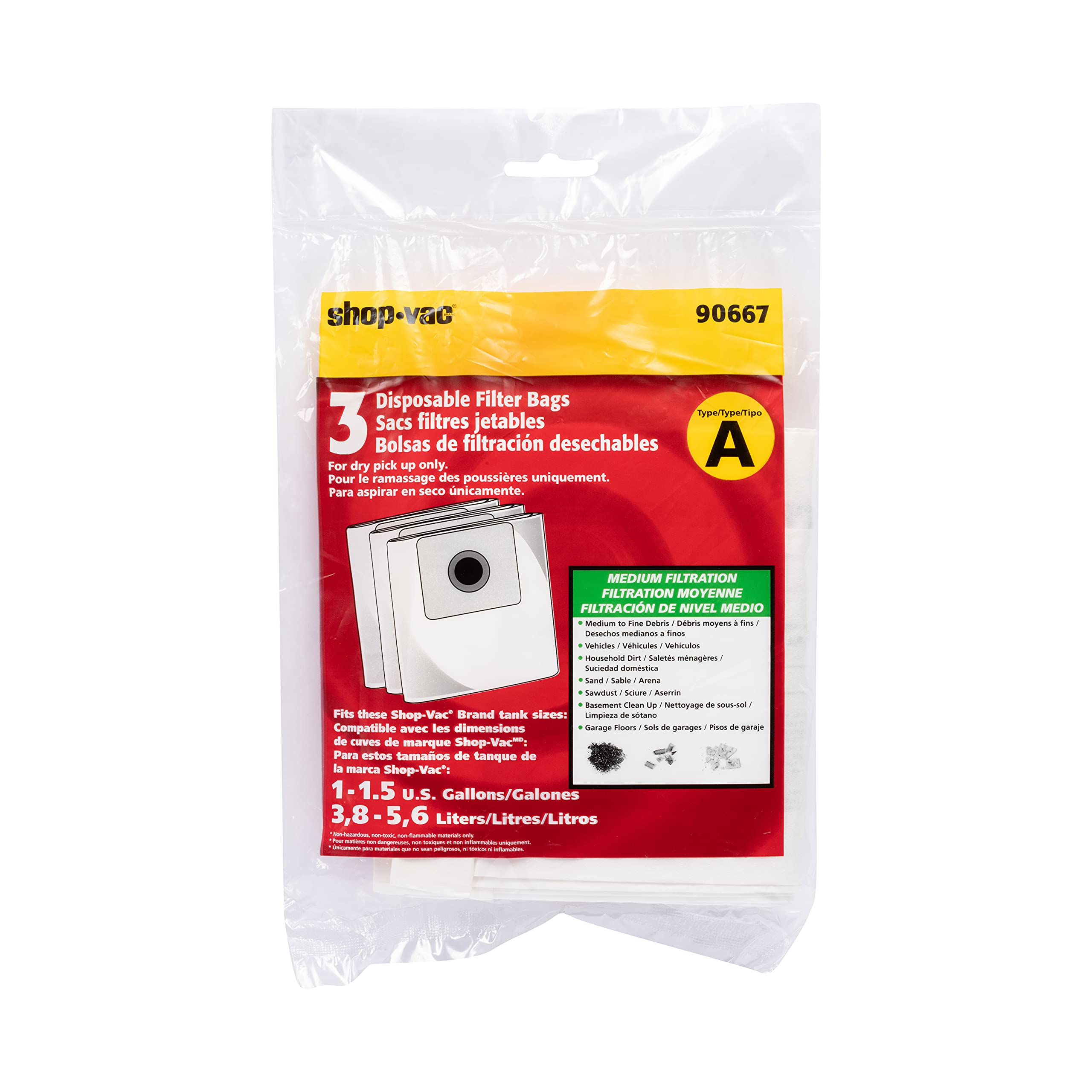 Shop-Vac 2021005, Micro Wet Dry Vacuum, 1 Gallon, 1.25 in Diameter x 4 Ft Hose, 50 CFM, (1 Pack) & 9066700 Genuine 1.5 Gallon All Around Collection Bag, Vacuum Collection Bags, (3 Pack)