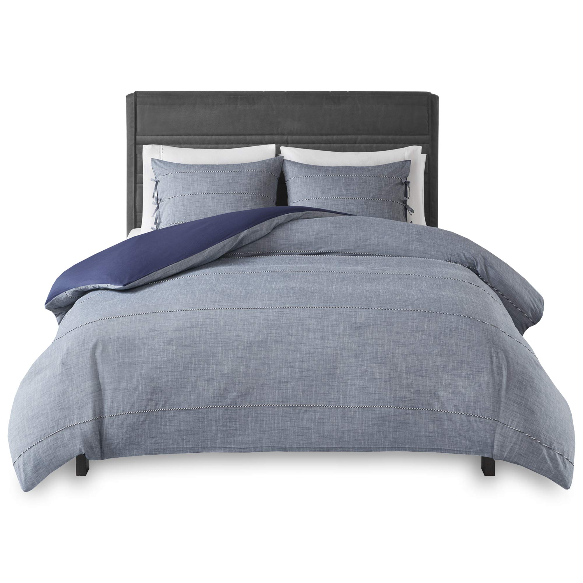 Madison Park Raven 3 Piece Cotton Yarn Dye Duvet Cover Bedding Set, Full/Queen Size, Denim Blue