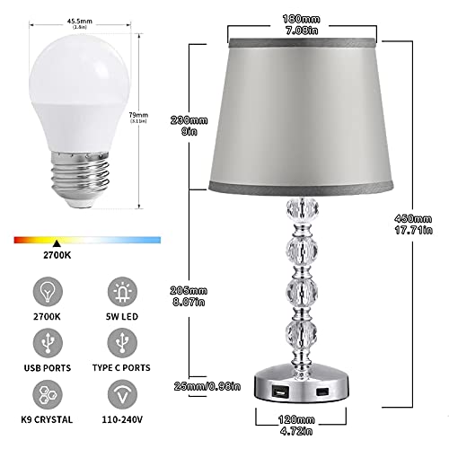 Unfusne Set of 3 Crystal Lamp with USB Port - Touch Control Table Lamp for Bedroom 3 Way Dimmable Nightstand Bedside Lamp with Gray Fabric Shade, Small Lamps for Living Room, Dorm, Home,Office