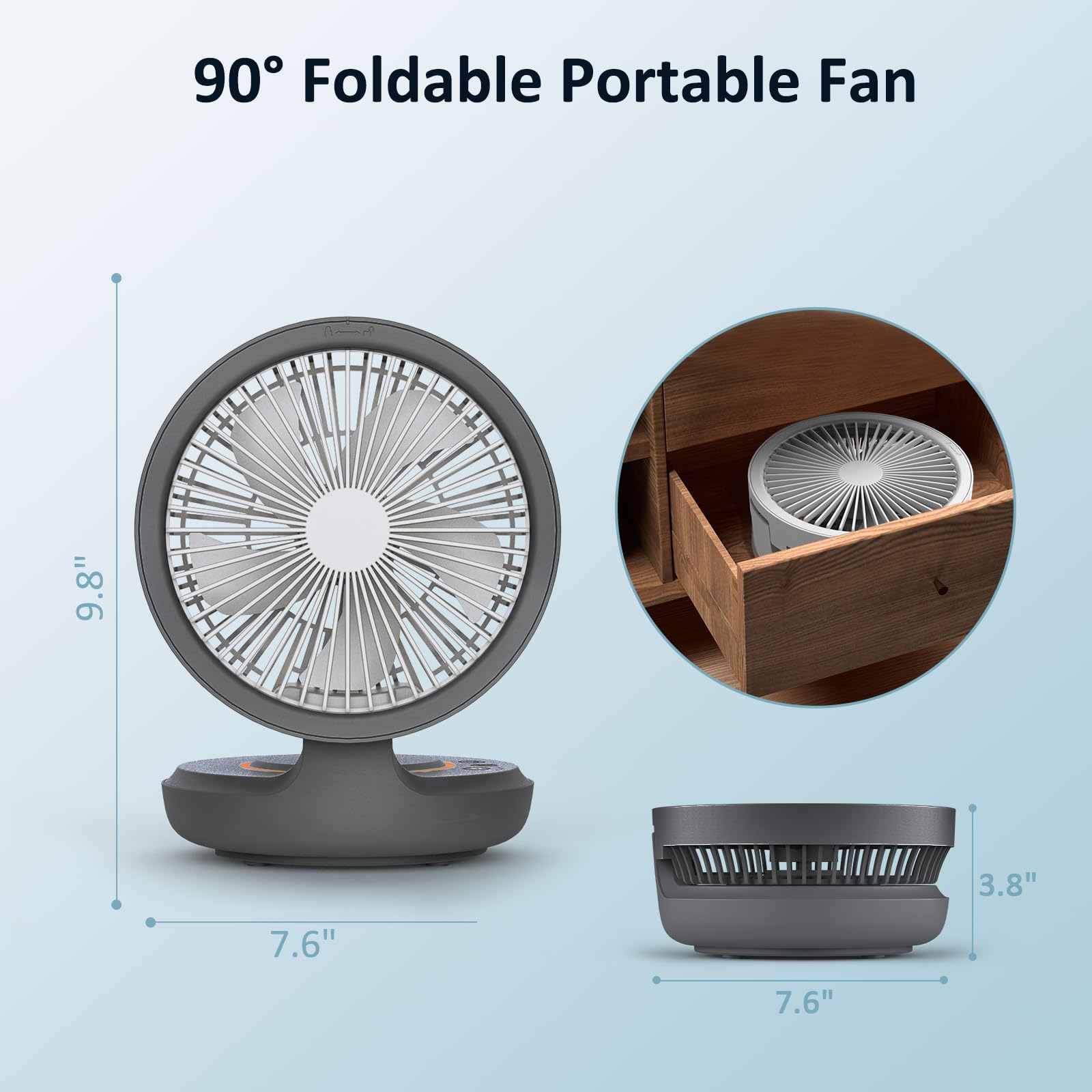 shinic Ultra Quiet Table Fan Battery Operated, 4 Speeds, Auto Oscillation, Foldable Fan for Travel, Small Wall Fan for Bedroom Home Kitchen Desktop Office, USB Rechargeable, Grey, Medium, TP2106-WH