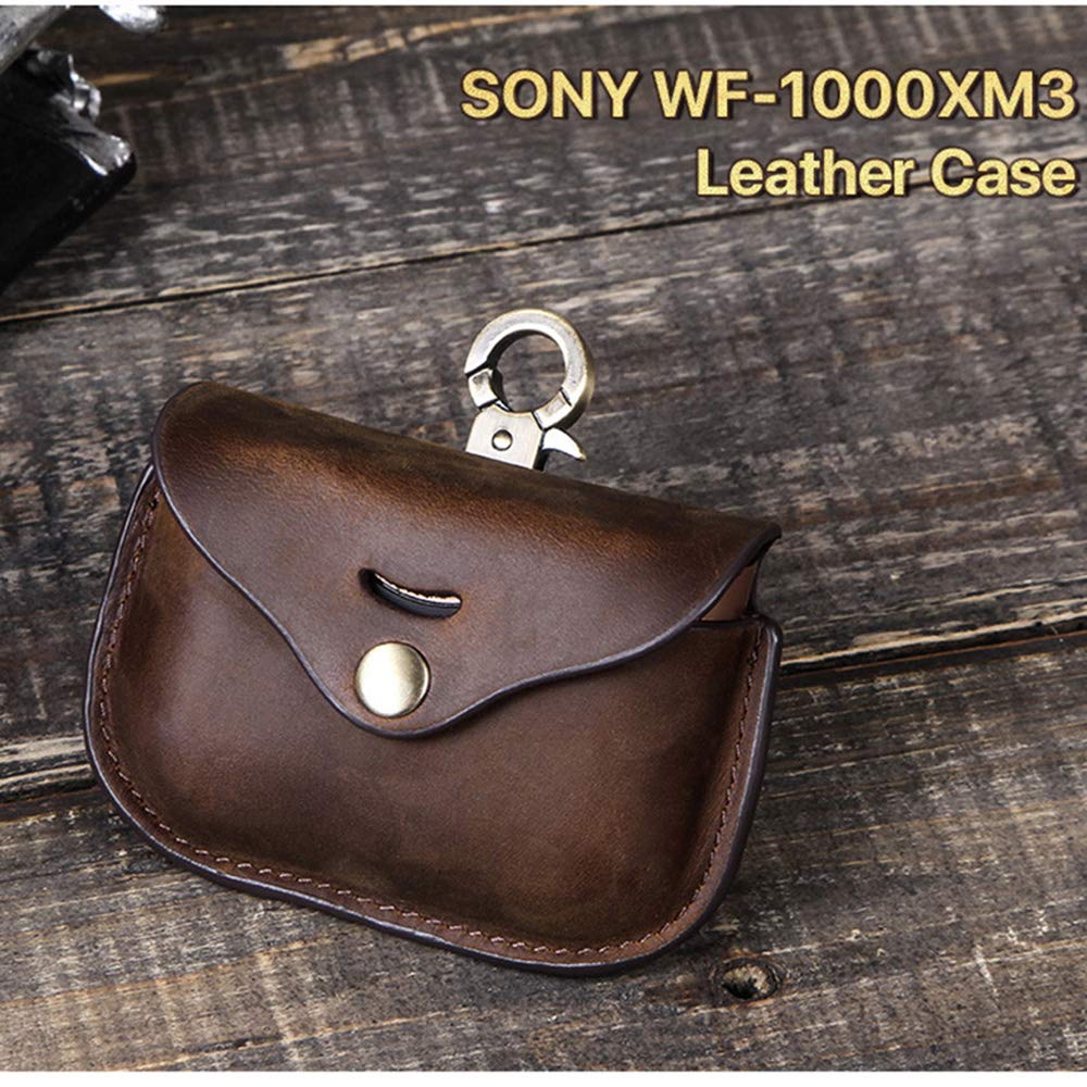 Jkhome Genuine Leather Sony Earphone Case Vintage Portable Protective Cover for Sony WF-1000XM3 with Keychain (Dark Coffee)