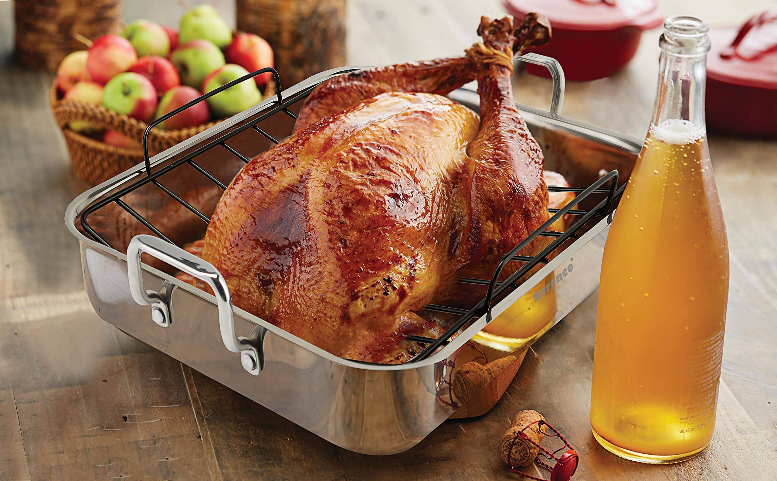 Rorence Roasting Pan with Rack: 16-Inch Stainless Steel Rectangular Turkey Roaster pan with Nonstick V-Shaped Rack for Thanksgiving Christmas – Set of 5