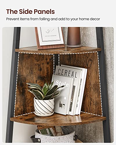 VASAGLE 71.6 Inch Tall Corner Shelf, 5 Tier Rustic Corner Bookshelf Bookcase, Corner Ladder Shelf Multipurpose, Plant Stand for Living Room, Bedroom, Kitchen, Brown and Black ULLS804B01
