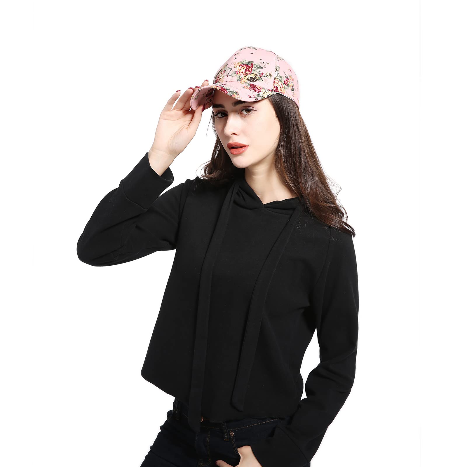 JOOWEN Floral Print Baseball Cap Adjustable 105% Cotton Canvas Dad Hat Hats for Women (Floral-Pink)