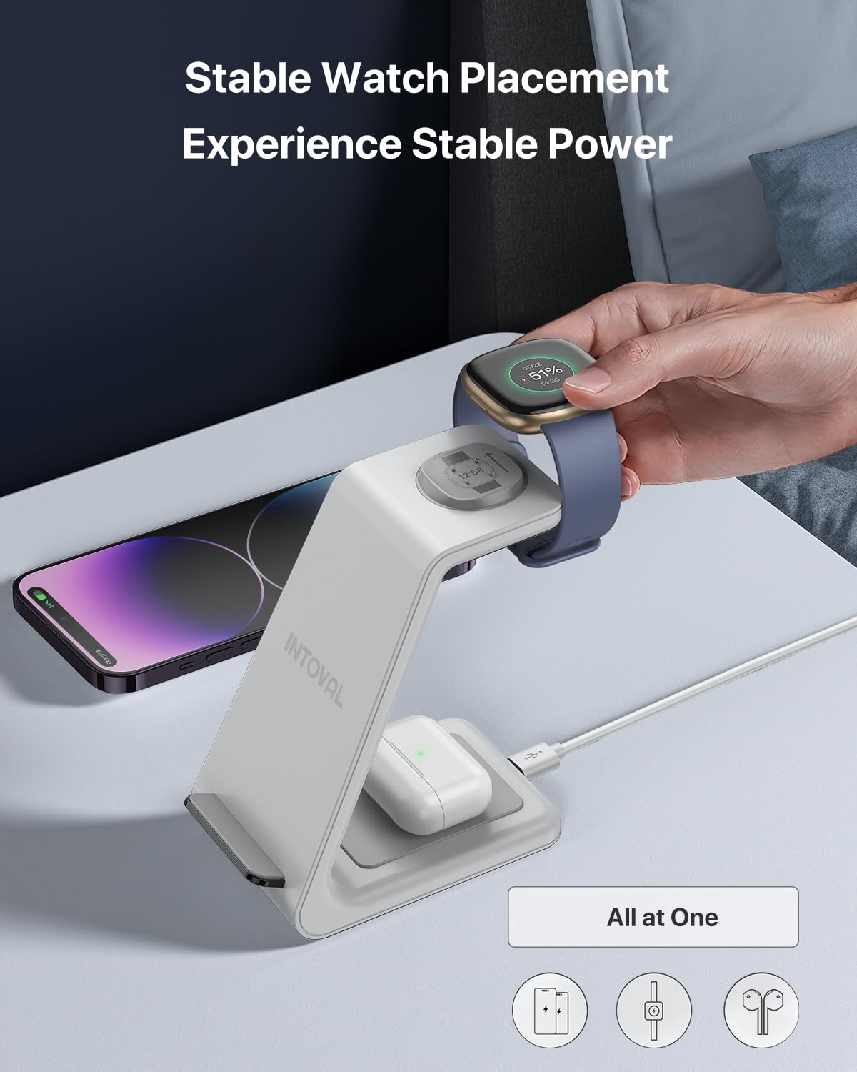 Intoval 3 in 1 Wireless Charger for Fitbit Versa 3/4, Sense 2/1, iPhones, Samsung S and Note, Airpods Pro 2/1, Galaxy/Pixel Buds +/Live and Other Wireless Charging Phones or Earbuds (V3, White)