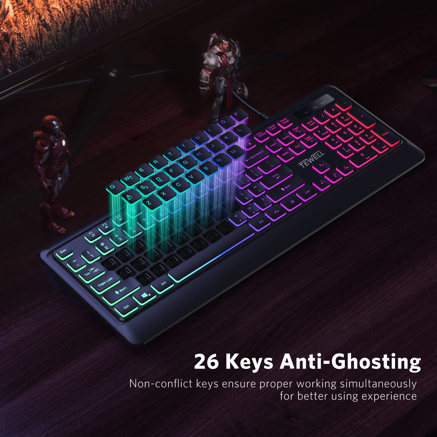 TEWELL Rainbow Membrane Gaming Keyboard, 104 Silent & 26 Anti-Ghosting Keys Wired Computer Keyboard for PC and Desktop