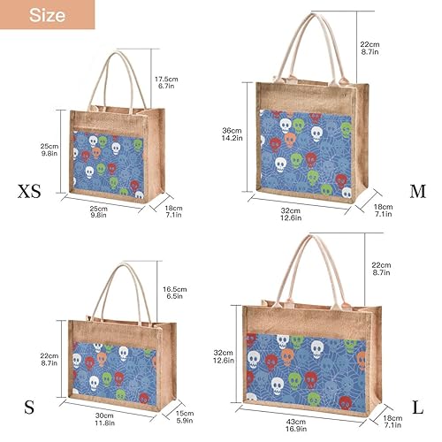 Jute Burlap Tote Bag Blue Skull Halloween Spider Web Striped Large Capacity Reusable Grocery Shopping Storage Bag