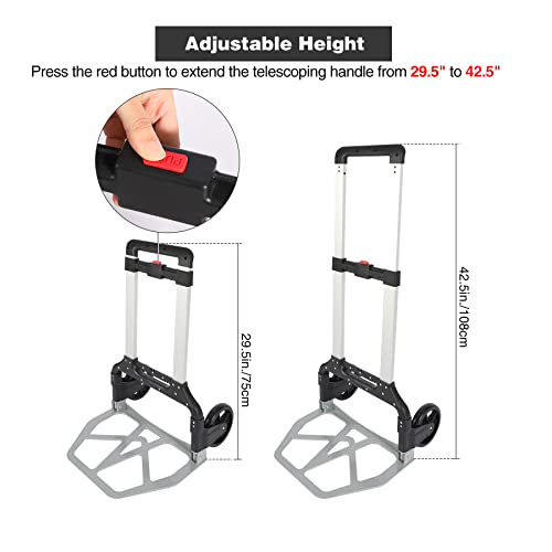 RedSwing Folding Hand Truck 330lbs, Aluminium Portable Hand Cart with Telescoping Handle, Heavy Duty Dolly with 2 Rubber Wheels, Silver