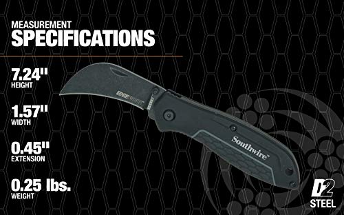 Southwire HBKND2 Edgeforce Hawk Bill Pocket Knife; 2.6" blade; D2 Steel; Stonewash Black Oxide Finish For Corrosion Resistance- Curved Blade For Pull Cuts And Splicing