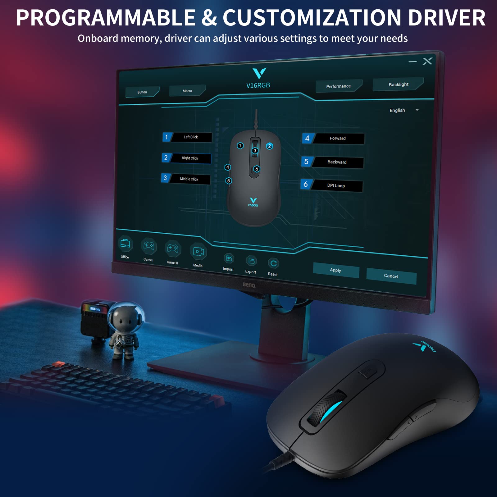 Rapoo Gaming Mouse Wired, V16RGB Computer PC Gaming Mice with RGB Lighting Modes up to 12800 DPI, Ergonomic, 6 Programmable Buttons, Plug & Play USB for Windows PC Mac Laptop Gamer