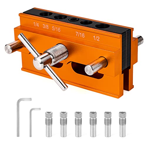 SLIIMU Self Centering Dowel Jig Kit, Inch Woodworking Center Doweling Drill Guide Jig for Straight Hole, Portable Drill Block for Wood Dowel Hole with 6 Drill Sleeve (Orange)