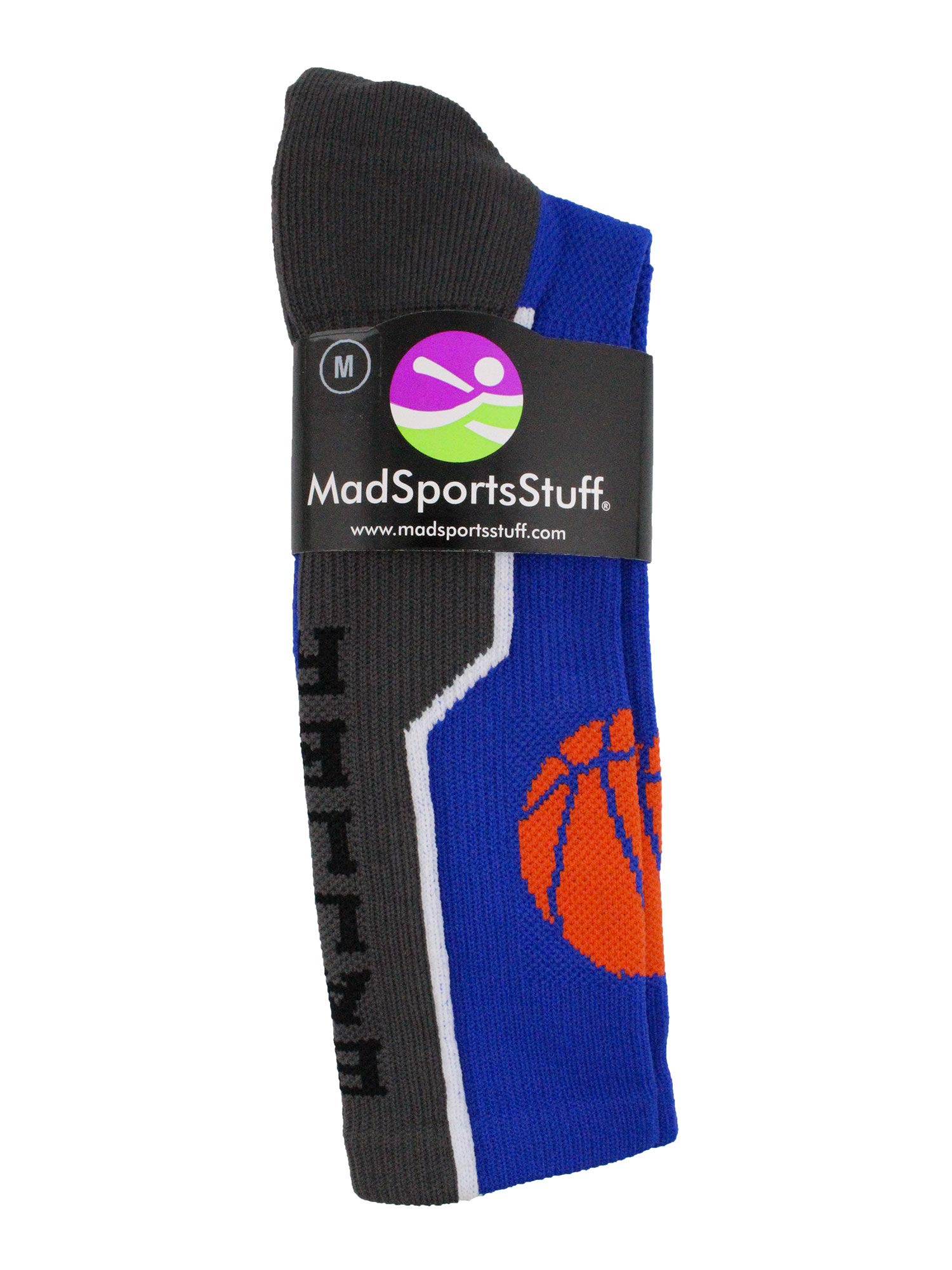 MadSportsStuff Baller Basketball Logo Crew Socks (Royal/White, Small)