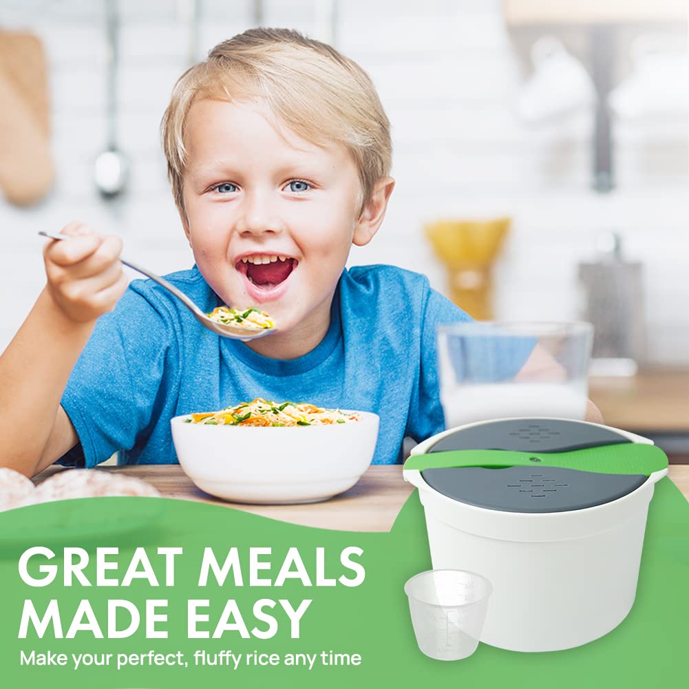 Microwave Rice Cooker 8 Cup Easy-Use Easy-Clean Microwaveable Brown White Rice Pasta Noodle Vegetable Cookware Plastic Rice Cooker Full Set with Lid Spatula Measuring Cup for Meal Prep Cooker