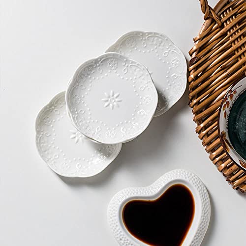Sizikato 4pcs White Porcelain Appetizer Plate, 4-Inch Sauce Plate, Lace Embossed