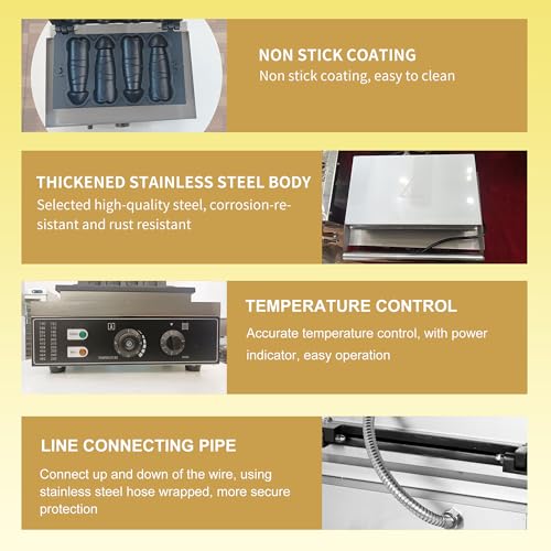 Vaseni Commercial Strange Shape Waffle Maker Machine, 4 PCS Non Stick Electric Waffle Iron, Hot Dog Baker, Waffle Iron Baking Machine, Pancake Maker, Waffle Ovens 1550W 110V