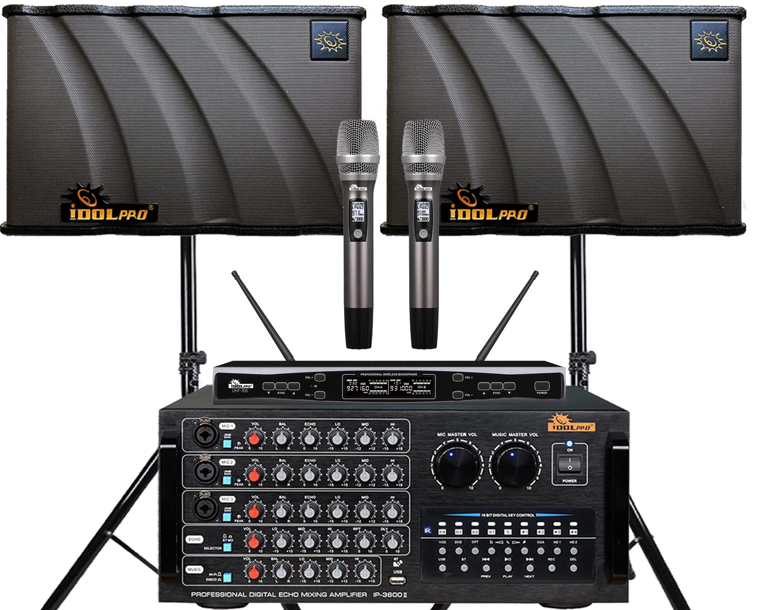 IDOLpro 1300W Karaoke System with Amplifier, 1000W Speakers and Dual Wireless Microphones Bundle