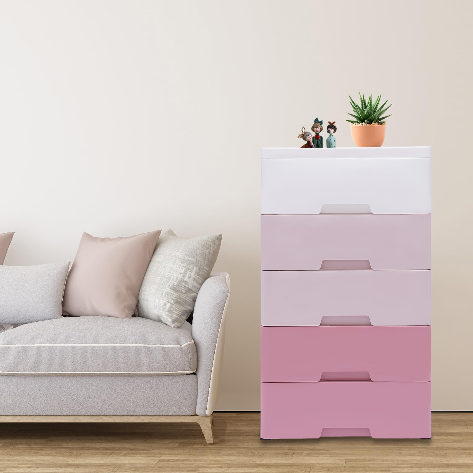 Xianikoho Storage Cabinet for Toy Organizers and Storage Bedroom Clothing Drawer Cabinet and Craft 5 Drawer Plastic Storage Canisters Sets with Shelving Units and Storage (Gradient Pink)