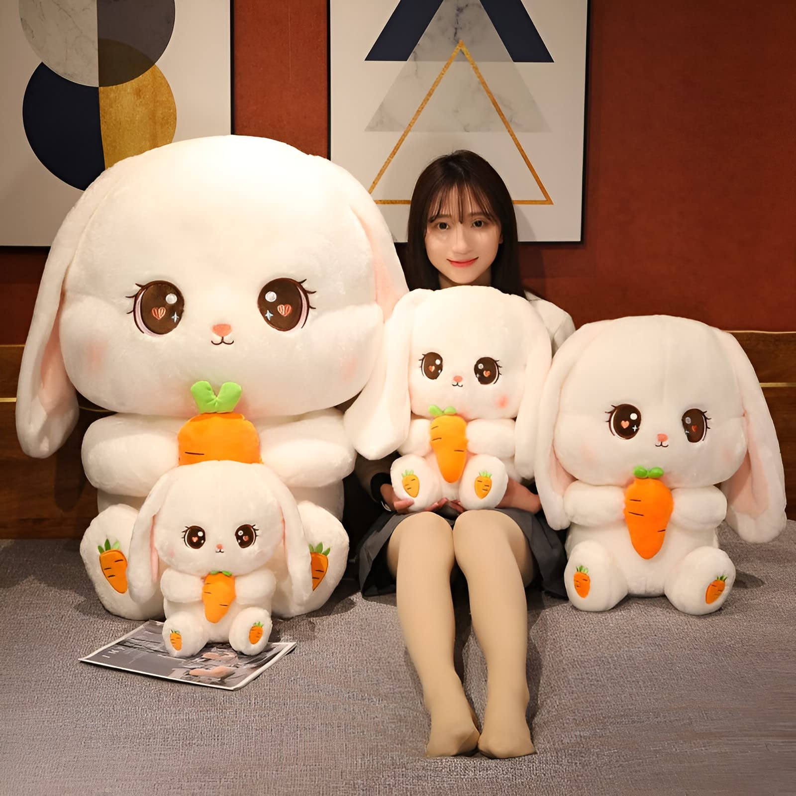 OULV Bunny Stuffed Animal Soft Toy Plushie Sitting Lop Eared Rabbit, Easter White Rabbit Stuffed Animal with Carrot Soft Lovely Realistic Long-Eared Standing Plush Toys