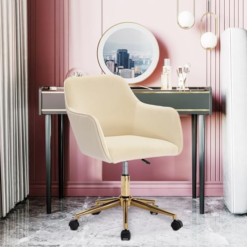 Yoluckea Modern Velvet Home Office Chair, Adjustable Swivel Office Chair for Living Room,Cute Desk Chair for Teen Girl,Upholstered Task Accent Chair Executive Vanity Chair Cream White