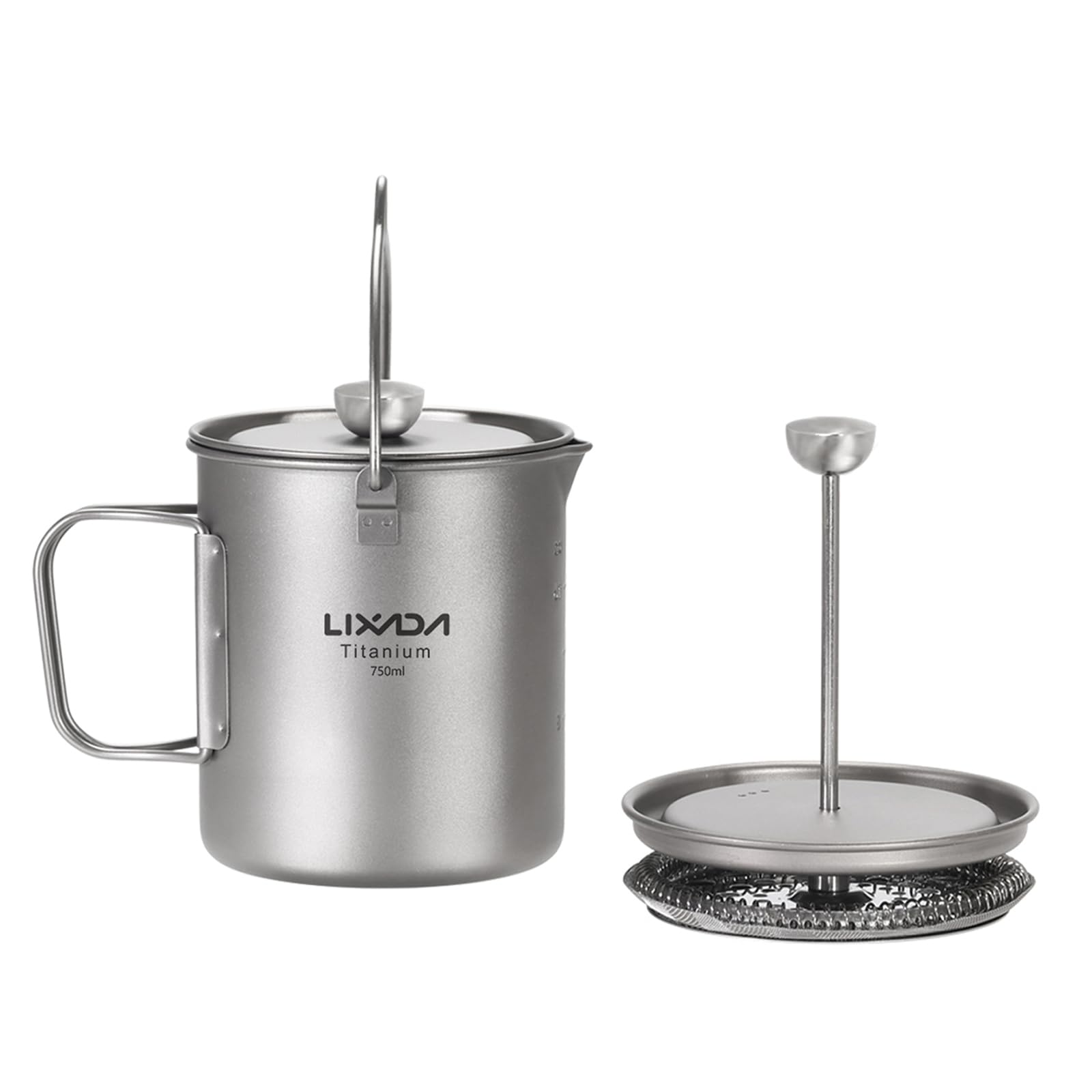 Lixada Titanium Pot 750ml Camping Titanium Coffee Cup Mug French Press Pot Coffee Maker Outdoor Camping Cooking Pot with Folding Titanium Spoon