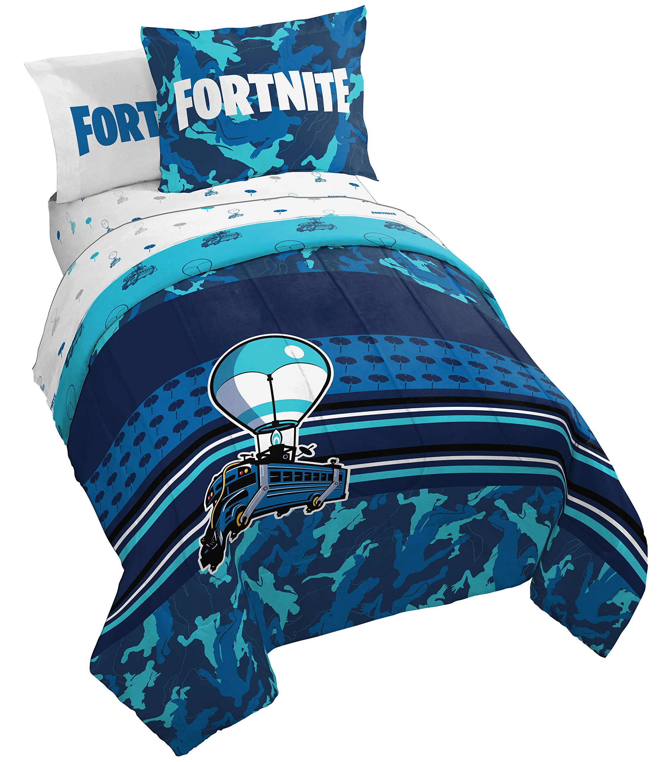 Jay Franco Fortnite Battle Bus 5 Piece Twin Bed Set - includes Reversible Comforter & Sheet Set Bedding - Super Soft Fade Resistant Microfiber (Official Fortnite Product)