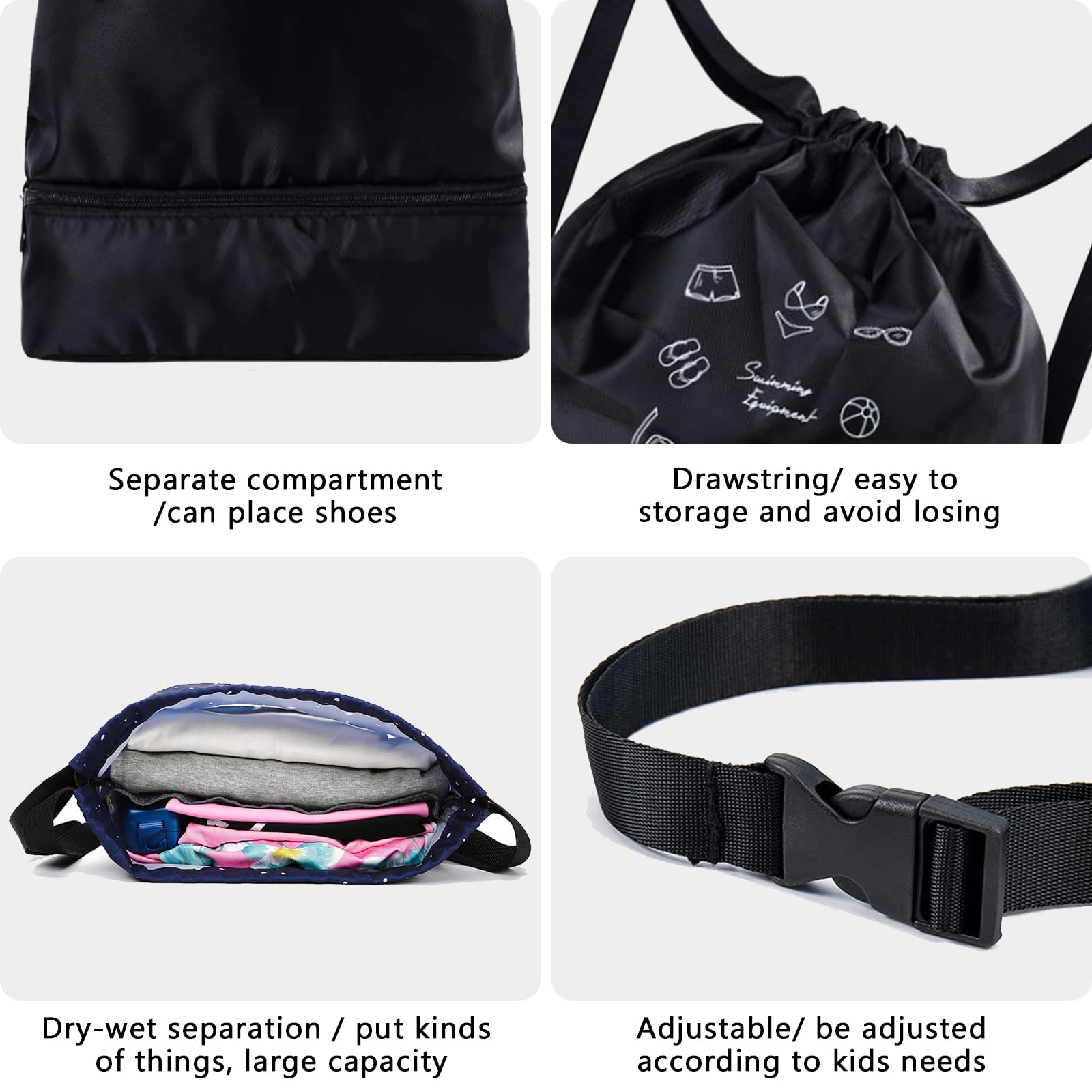 Kunyeah Drawstring Backpack Bag Waterproof Beach Pack With Shoe Compartment Swim Bag Sports Gym Backpack (Black)