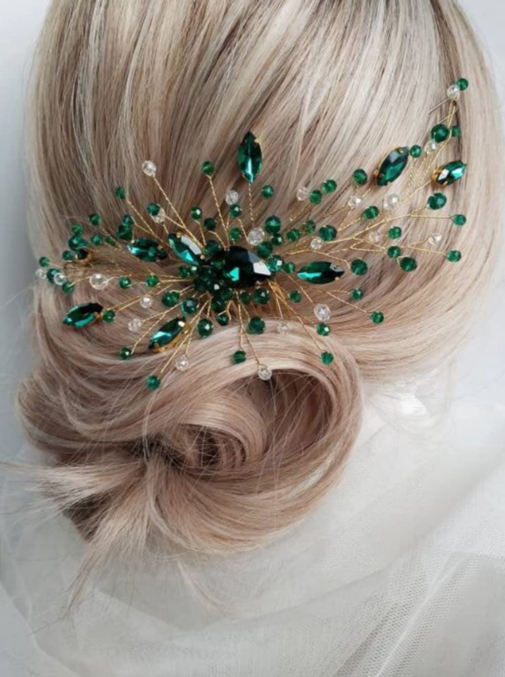 Teyglen Bridal Wedding Gold Crystal Hair Comb Green Rhinestone Crystal Side Hair Comb Flower Crystal Headpiece Bride Hair Accessories for Women and Girls