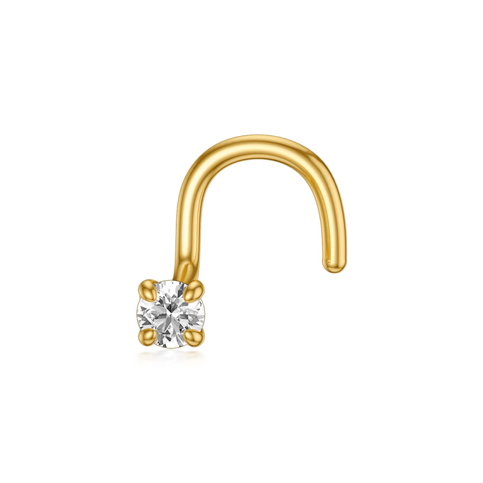 MRENITE Solid 14k Yellow Gold Genuine Diamond Nose Stud for Women 20G 2.5mm Diamond Nose Ring Twist Screw Nose Piercing Jewelry