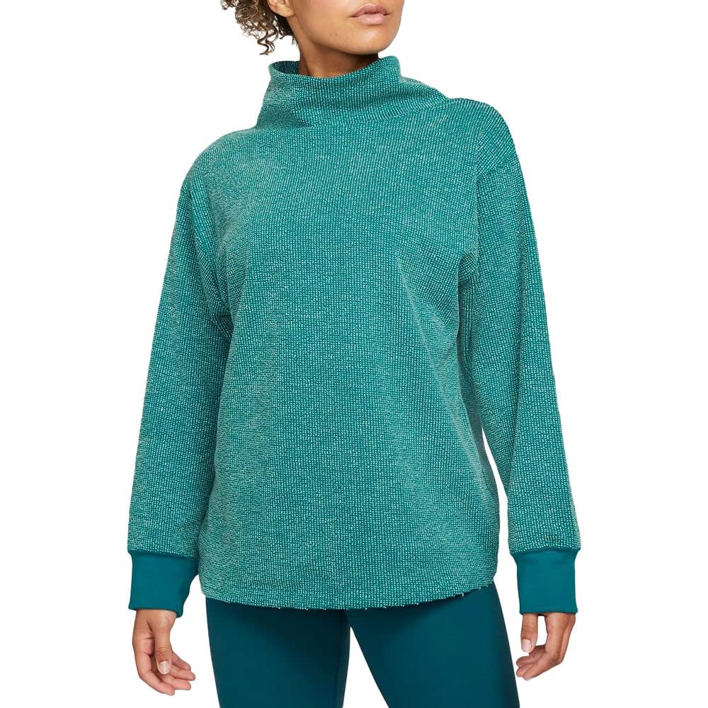Nike Yoga Luxe Women's Textured Funnel-Neck Long-Sleeve Pullover Cover-Up, Geode Teal/Grey Haze/Midnight Turquoise, Small
