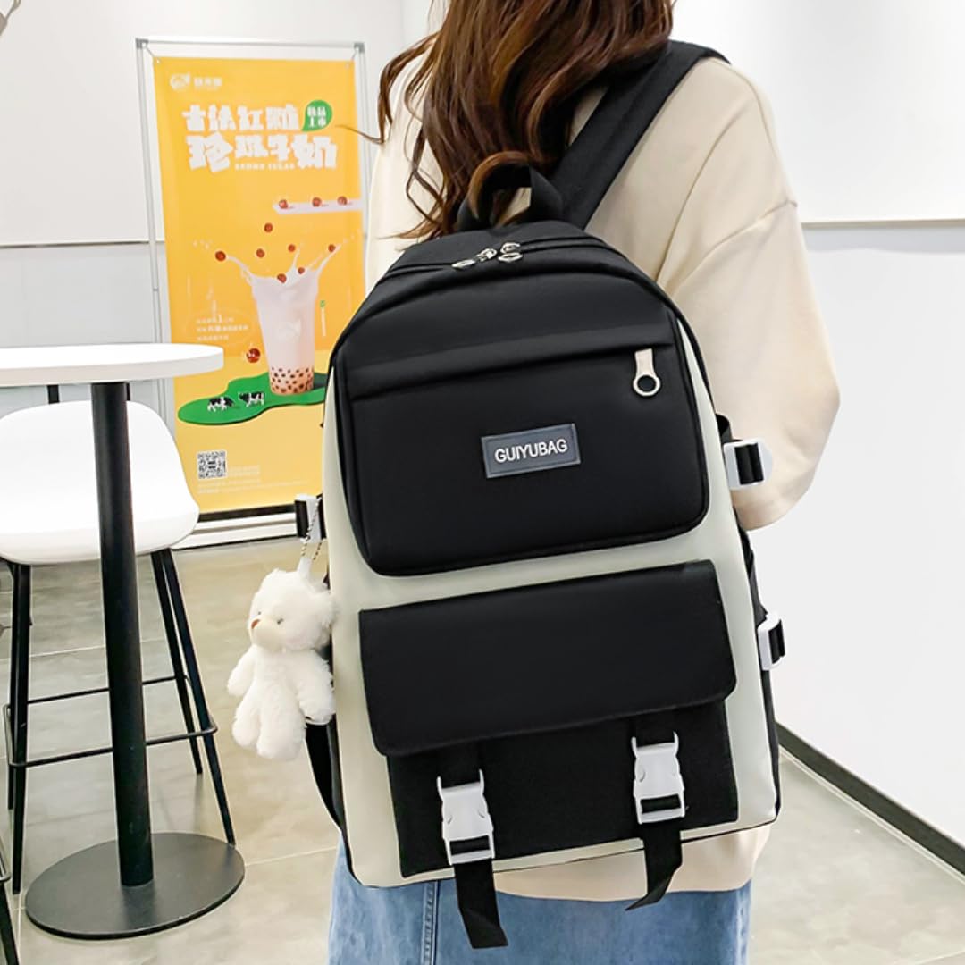 josfey 4Pcs Kawaii Backpack Cute Backpack Aesthetic Backpack Preppy Backpack SetKawaii School Supplies with Accessories (Black)…