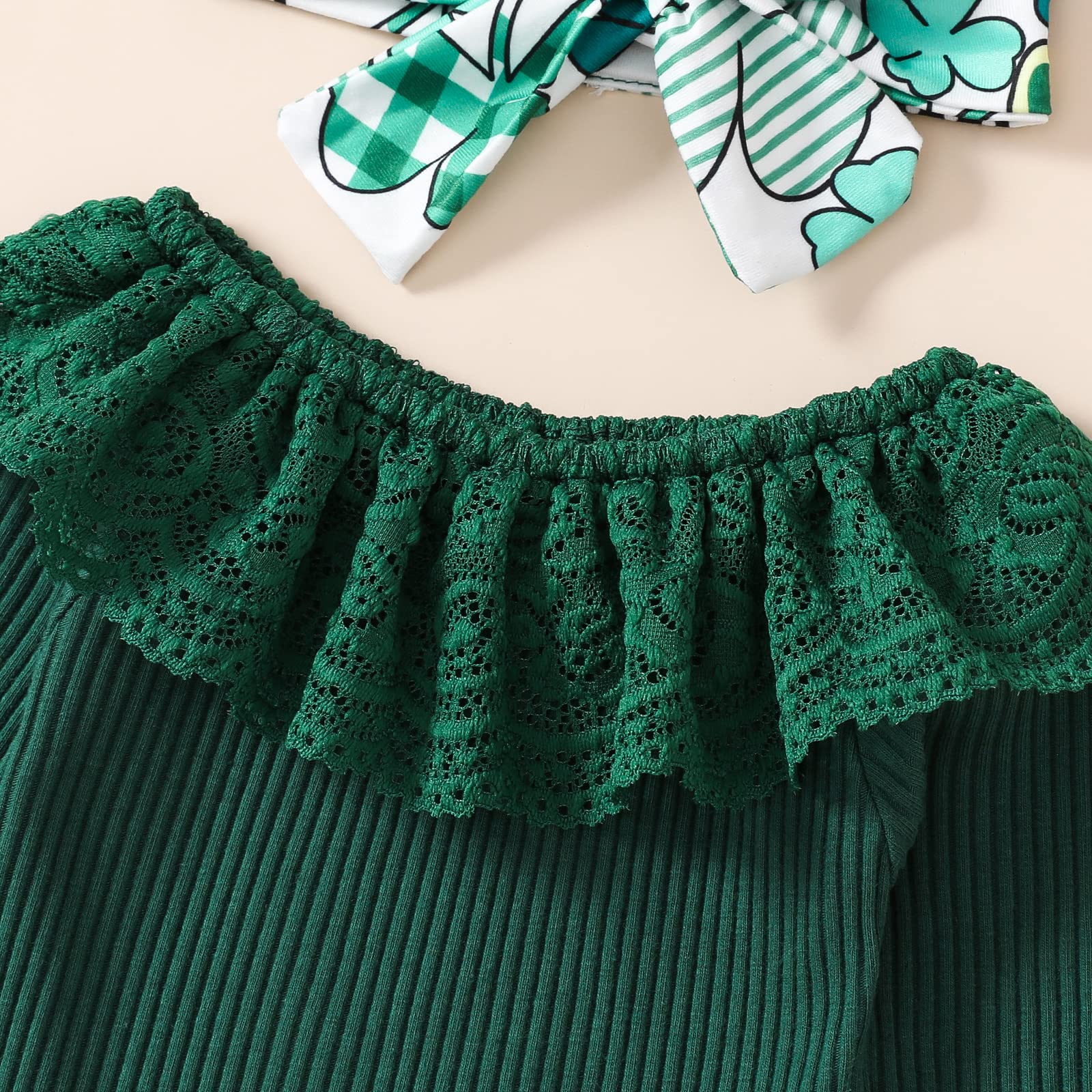 St. Patrick 's Day Newborn Baby Girl Solid Ribbed Long Sleeve Romper+Four Leaf Clover Print Pants+Headband 3Pcs Clothes Set (Green, 0-3 Months)