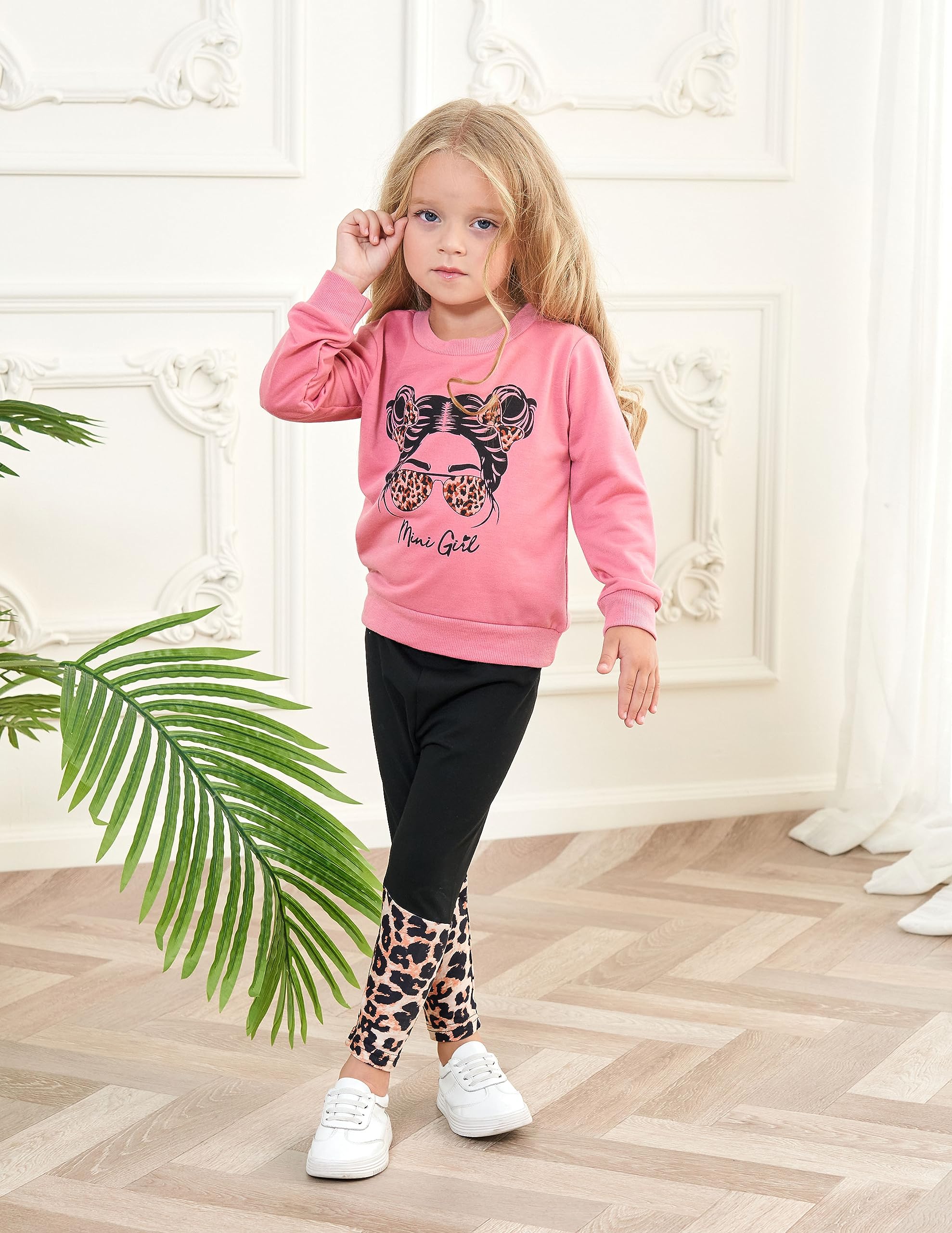KIDLAGA Toddler Girl Clothes Figure Graphic Drop Shoulder Top Pullover Leopard Print Pants Fall Winter Outfit Set(5-6T)