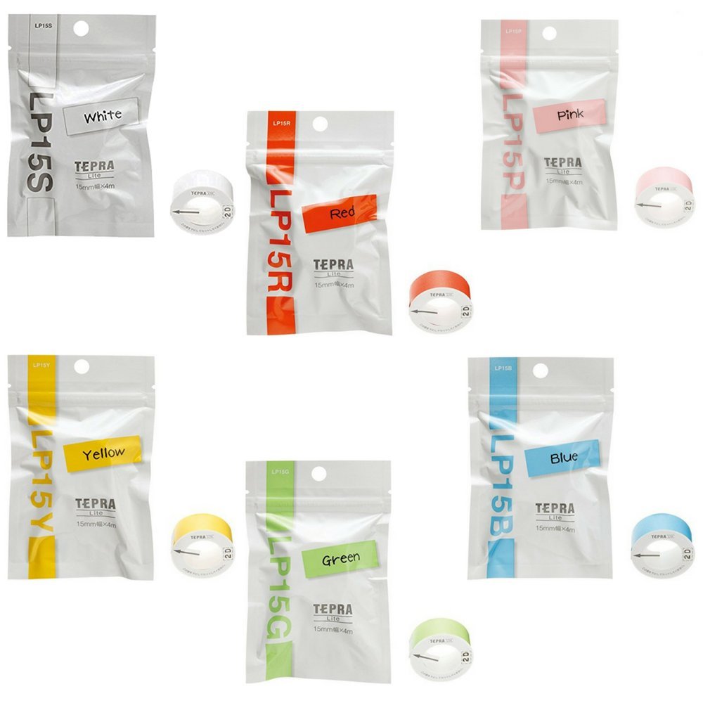 King Jim White, Red, Pink, Yellow, Green, and Blue, Set of six, TEPRA Lite Tape; for Label Printer TEPRA Lite