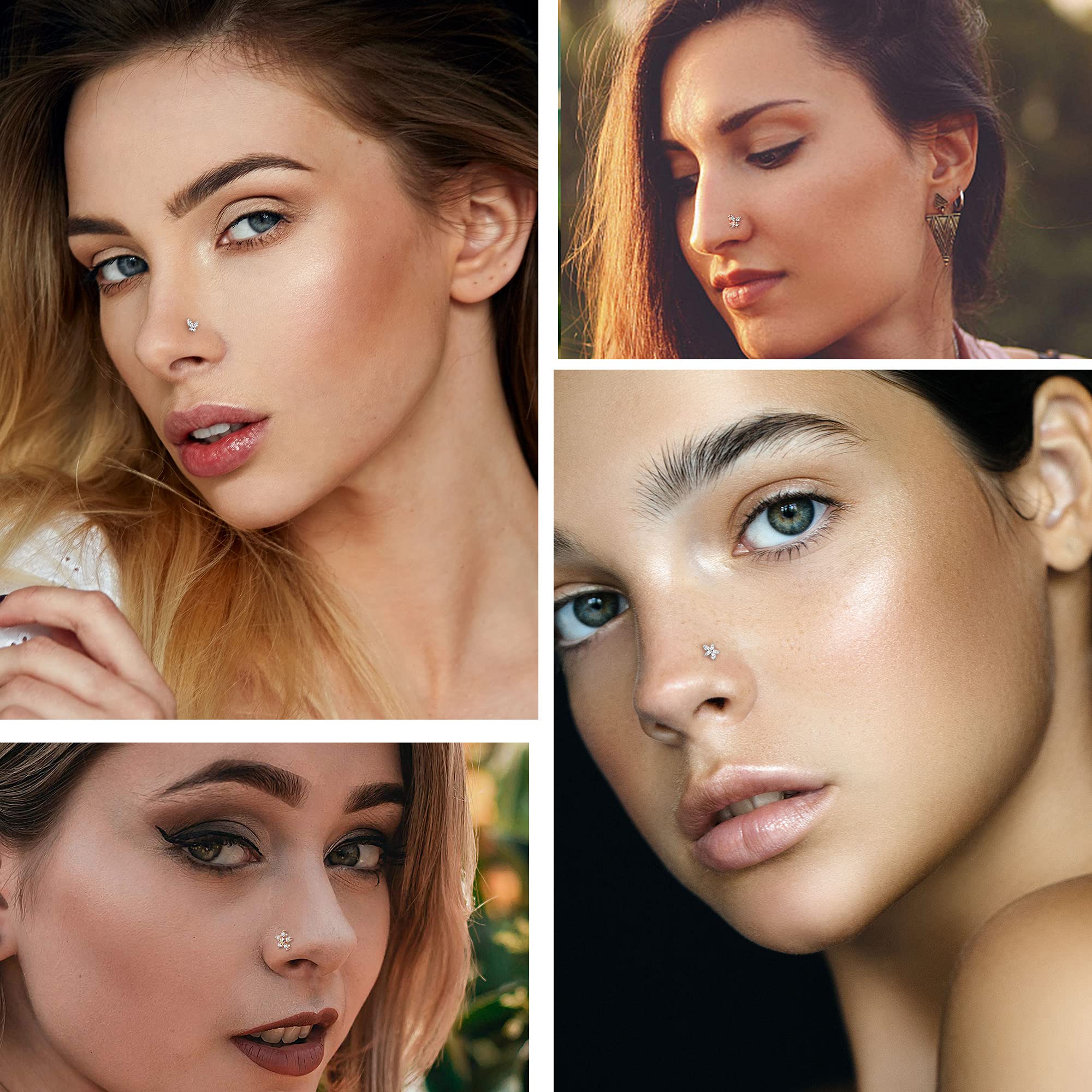 LOYALLOOK 6PCS 20G Nose Ring Stud L-Shape Nose Rings Cubic Zirconia Butterfly Nose Screw Studs Rings Stainless Steel Flower Nose Piercing Ring, L-Shape Rose Gold