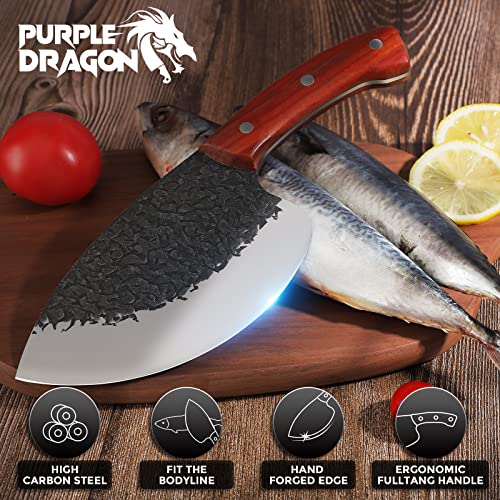 Purple Dragon Aquatic Fish Knives Fish Fillet Knife Sharp Slaughter Fish Special Knife Seafood Professional Tool Fish Knife Kitchen Knife Hammered forging Full Tang Carbon Steel Meat Cleaver
