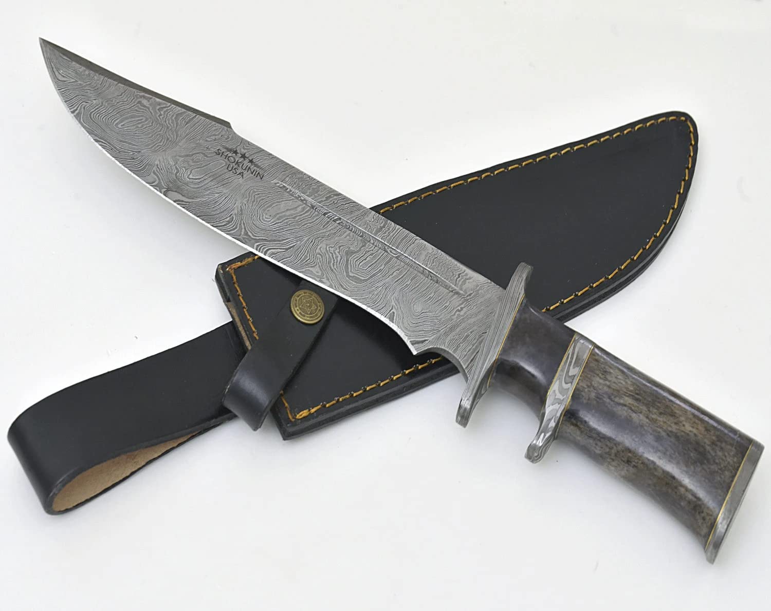 SHOKUNIN USA Bowie knife, 13.0",Handmade Hunting Knife, Bone Handle, Hand Stitched Leather Sheath