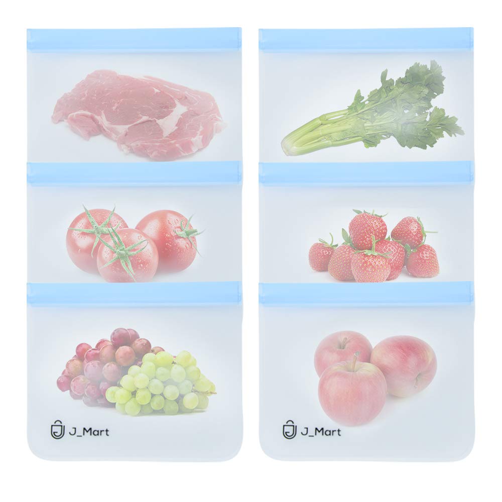 Reusable sandwich bags - EXTRA THICK & HEAVY DUTY 6-pack bags for produce snack bags, lunch food, storage. Eco friendly, zero waste, small, kids safe, PEVA plastic, ziploc, 100% leak proof, durable