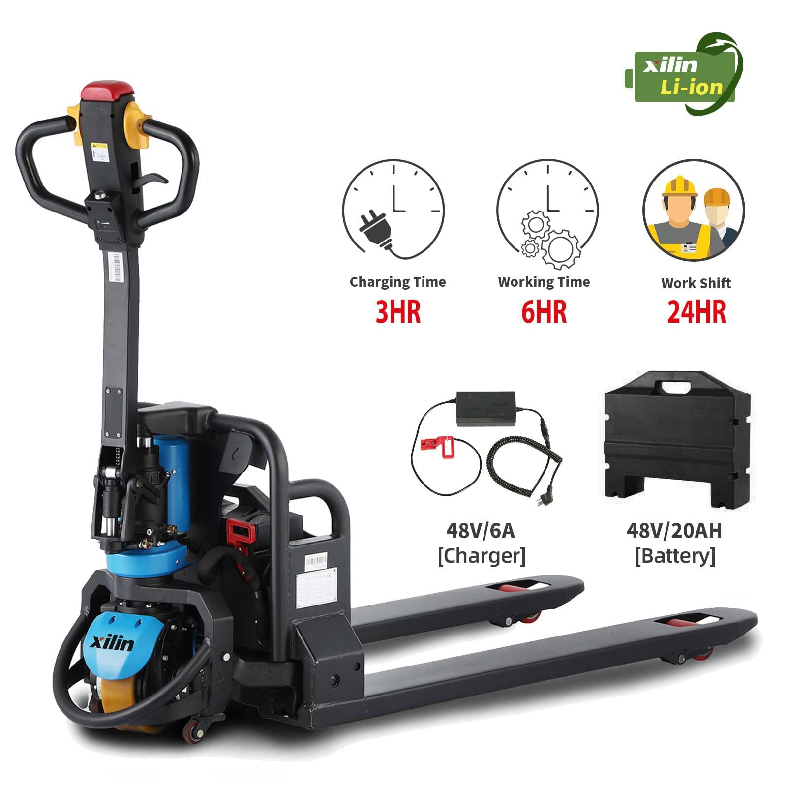 Xilin Electric Powered Pallet Jack 3300lbs Capacity Lithium Battery Walkie Pallet Truck 48"x27" Fork Size Blue Style 2 Pcs