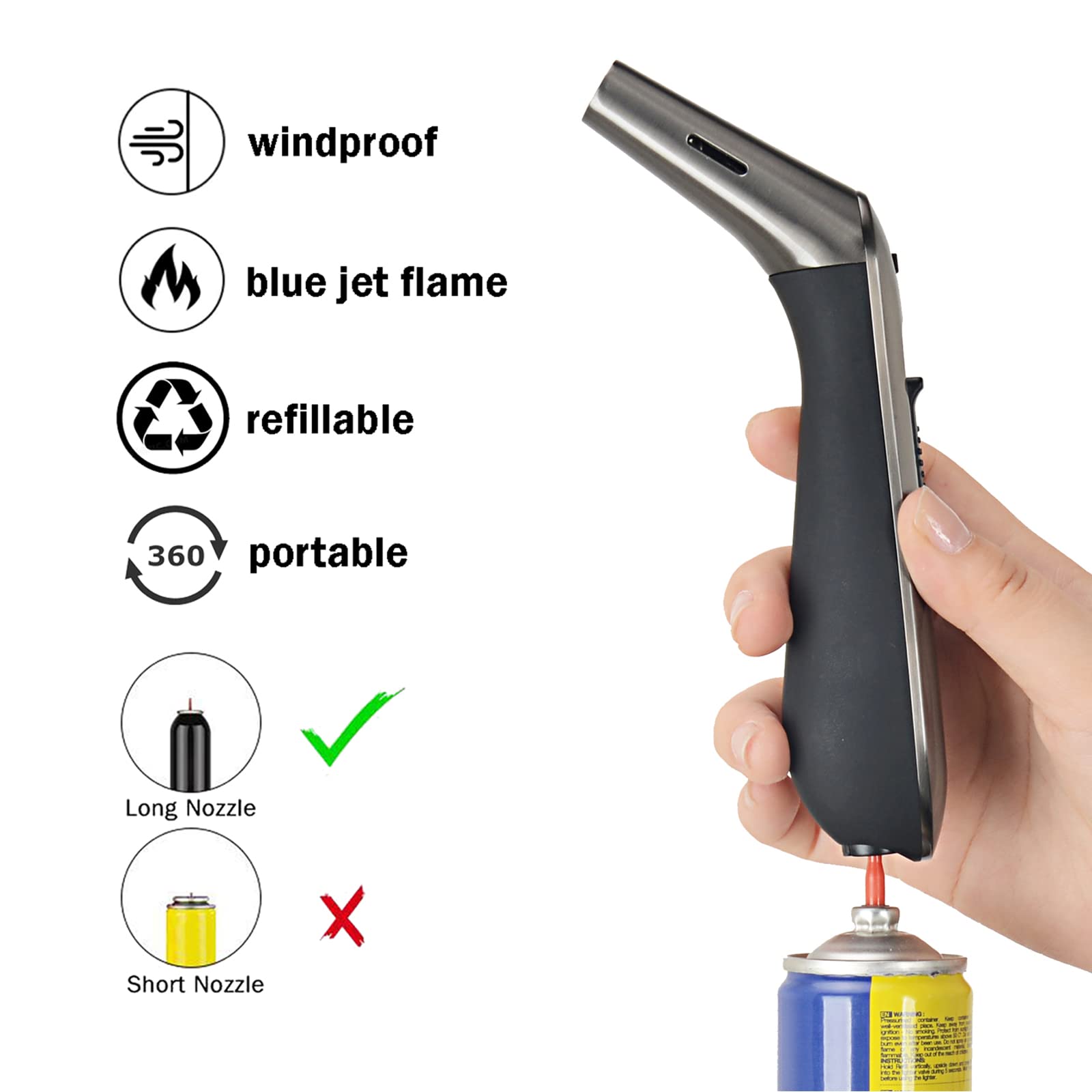 Jnfire Butane Torch Lighters Refillable, Visible Fuel Tank Adjustable Flame Kitchen Cooking Dab Torch for Creme Brulee Baking Cocktails BBQ Camping Welding (No Butane)