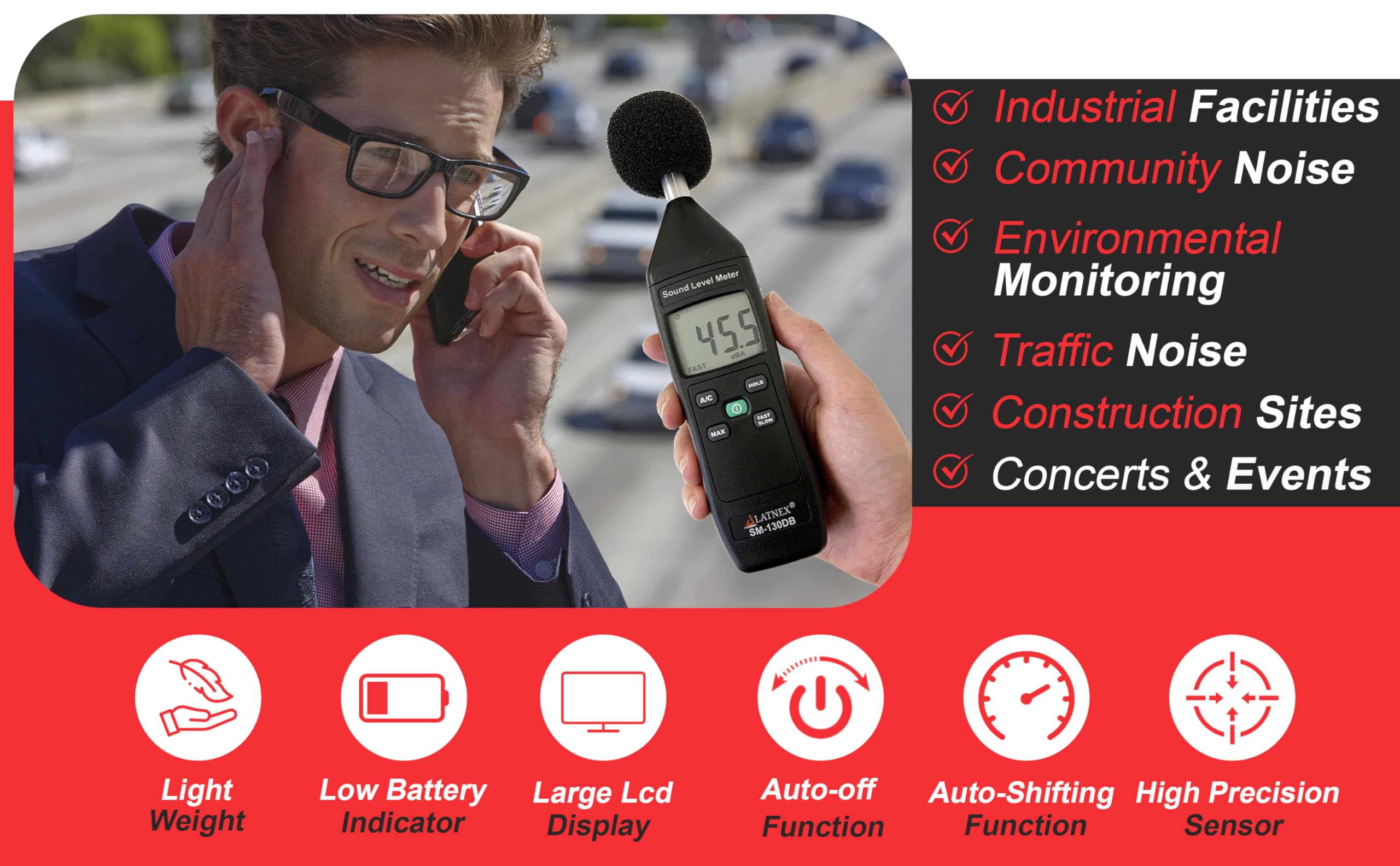 SM-130DB Digital Decibel Meter Reader and Sound Level Meter Type 2 with Calibration Certificate. Measurement Device for Environmental and Mechanical Noise Monitor - Manufacturing, Office, Classroom