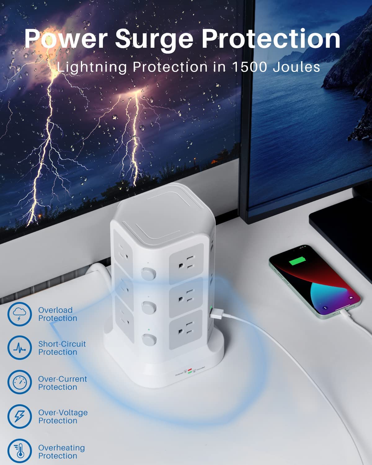 Surge Protector Power Strip Tower 16.4 FT + 6.5 FT, [1500 Joules] 12 Widely Spaced AC Outlets with 6 USB Ports Charging Station White